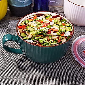 BOSILI Ceramic Bowl with Lid & Handle, 24 OZ Porcelain Soup Noodle Bowl with Lid, Microwave for Instant Noodle Sara, Cereal Bowl(Green)