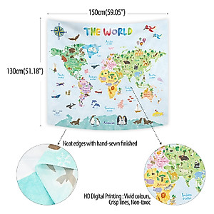 BASHOM TP-001 Animal World Map Tapestry Poster for Kids Educational learning Wall Hanging for Bedroom Living Room Nursery Dorm Home Decor 60''x50''(150x130cm)