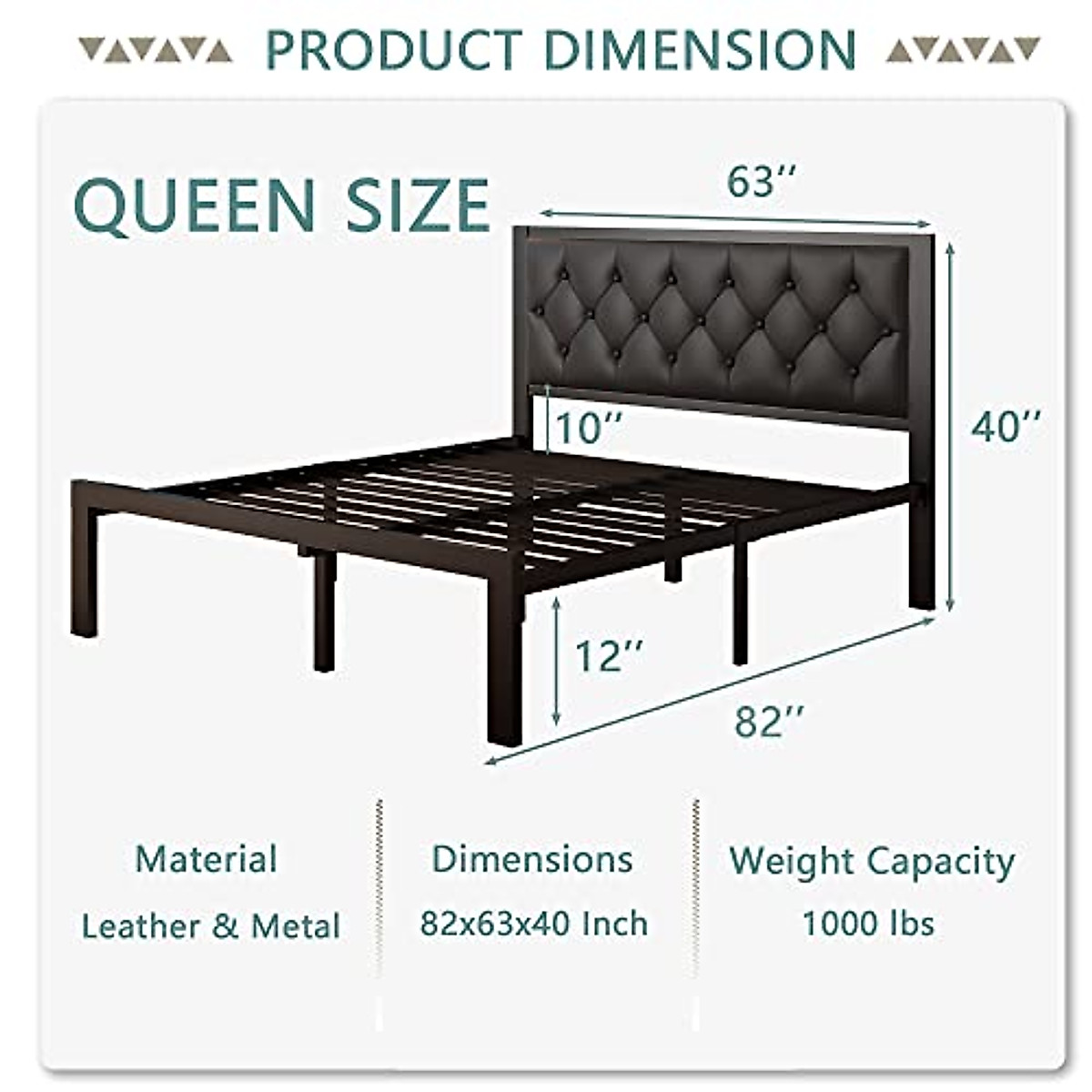 Feonase Queen Size Metal Bed Frame with Faux Leather Button Tufted Headboard, Heavy-Duty Platform Bed Frame with 12" Storage, Steel Slats Support, No Box Spring Needed, Noise Free, Black