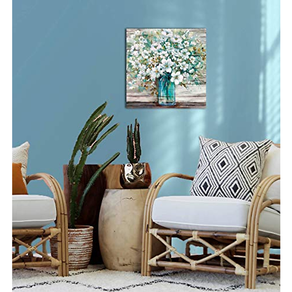 3LDECOR Country Style Canvas Wall Art Teal Blue Mason Bottle White Flower Rustic Wall Decor Art Hanging in The Bedroom Bathroom Living Room Dining Room Office Fireplace Kitchen Murals Decor