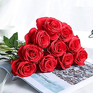 Amzali Artificial Flowers, Real Looking Blush Fake Rose Long Stem Silk Artificial Rose Flowers Home Decor for Bridal Wedding Bouquet, Centerpieces Birthday Flowers Party Garden Floral Arrangement Red