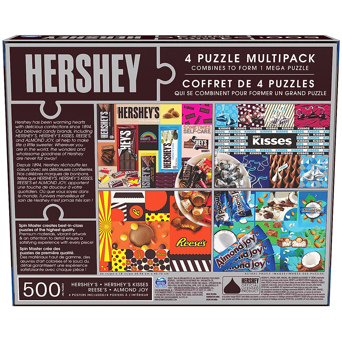 TOYS_AND_GAMES Hershey's, 4 Puzzle Multipack, 500 Pieces Combine to Form Mega Puzzle: Reese’s, Hershey’s Kisses, Almond Joy, for Kids and Adults