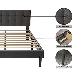 Lijimei Queen Bed Frame with Headboard, Platform Bed with Wood Slats Support and Tufted Stitched Upholstered Headboard, Mattress Foundation, No Box Spring Needed, Easy Assembly, Noise Free, Dark Gray