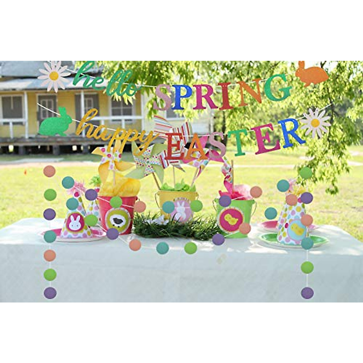 Hello Spring & Happy Easter Banner, Easter Party Decorations for the Home, Spring Party Banner Decorations, Happy Easter Bunny Bunting Garland Easter Decor,Spring Easter Mantel Fireplace Hanging Decor