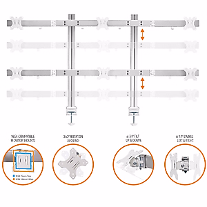 Stand Steady 6 Monitor Mount Desk Setup - Heavy-Duty Height Adjustable Monitor Stand, Swivel Arm with Clamp-On Base, 6 Screen VESA Mount Fits Most LCD/LED Monitors 17-32 in. (Silver, 6 Mounts)