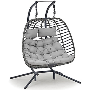 IRONKOM 2 Person Wicker Double Swing Chair with Cushion Grey
