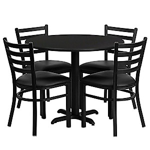 Flash Furniture Carlton 36'' Round Black Laminate Table Set with X-Base and 4 Ladder Back Metal Chairs - Black Vinyl Seat