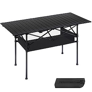 Folding Camping Table Folding Outdoor Table, 46.6 * 21.65 * 26.77in Picnic Table, Portable Camping Table, Aluminum Roll-Up Top, Camp Table with Easy Carry Bag for Outdoor Travel Backyards BBQ(Black)