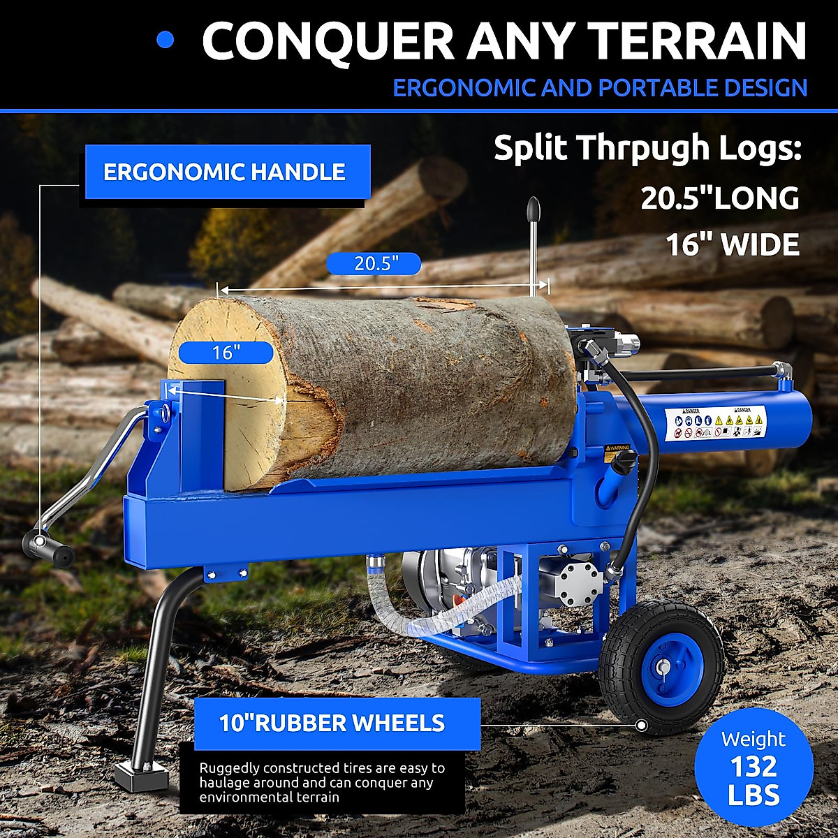 EFURDEN Portable Gas Log Splitter with 7 HP-4 Stroke Engine, 20-ton Hydraulic auto-Return ram System and Twin Gear Hydraulic Pump, Horizontal Full Beam Steel Wedge firewood Splitter