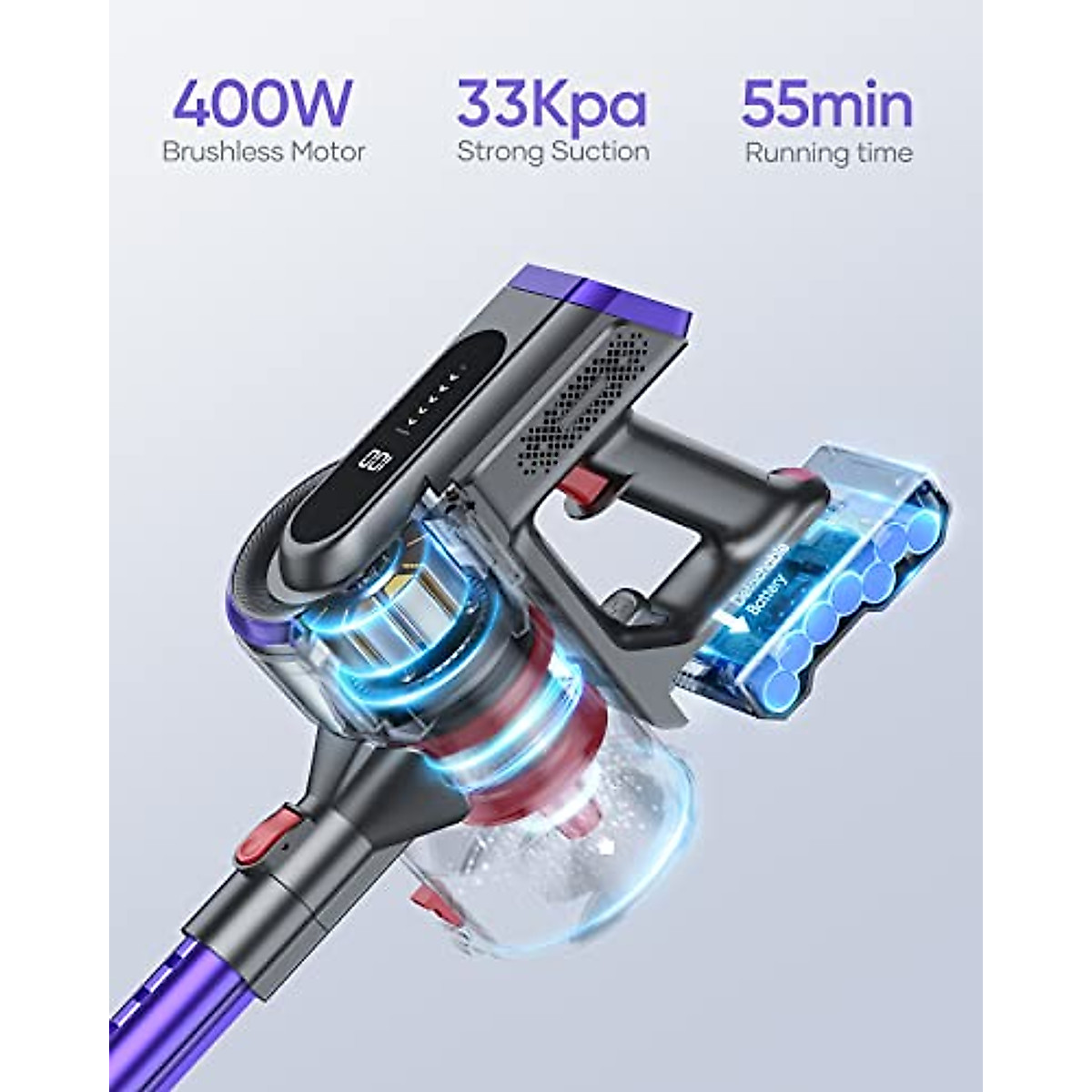 BuTure Cordless Vacuum Cleaner, 400W 33Kpa Powerful Stick Vacuum with 55min Runtime Detachable Battery, Touch Display and 1.2L Large Dust Cup, Vacuum Cleaners for Hardwood Floor Carpet Car Pet