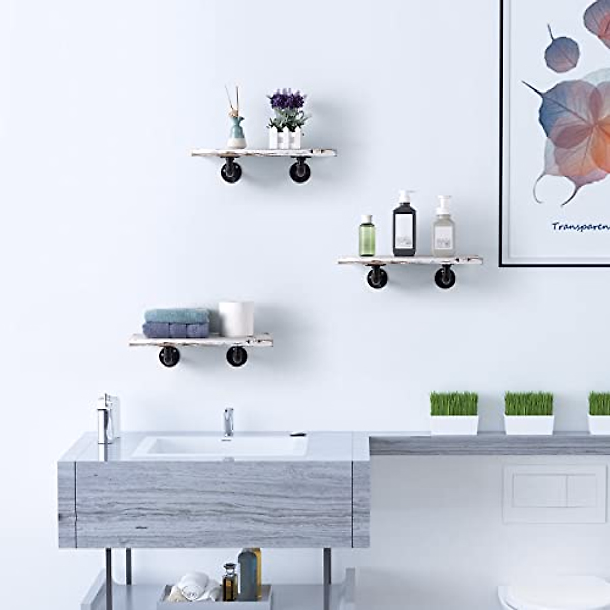 BTY Floating Shelves with Industrial Pipe Brackets Rustic Wall Mounted Wood Pipe Shelf Set of 3 Shelving Storage Home Decor for Bathroom Living Room Bedroom Kitchen Office, Rustic White