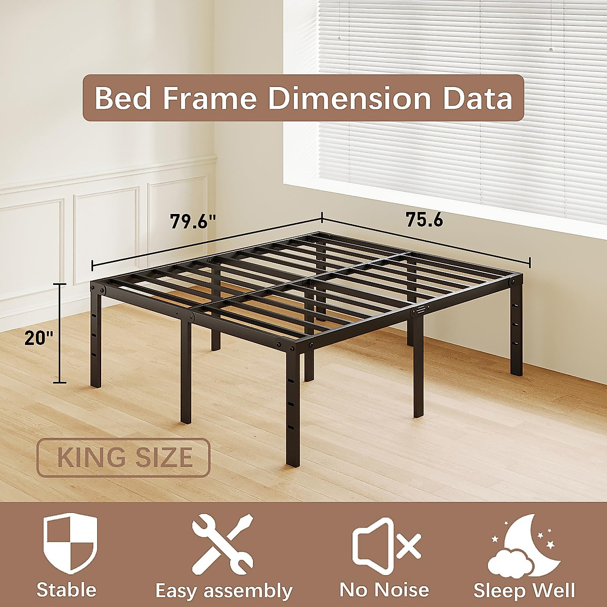 AGXI 20 Inch King Bed Frame No Box Spring Needed, Heavy Duty Tall Metal Platform with Large Storage Space, Easy Assembly Strong Bearing Capacity, Noise Free