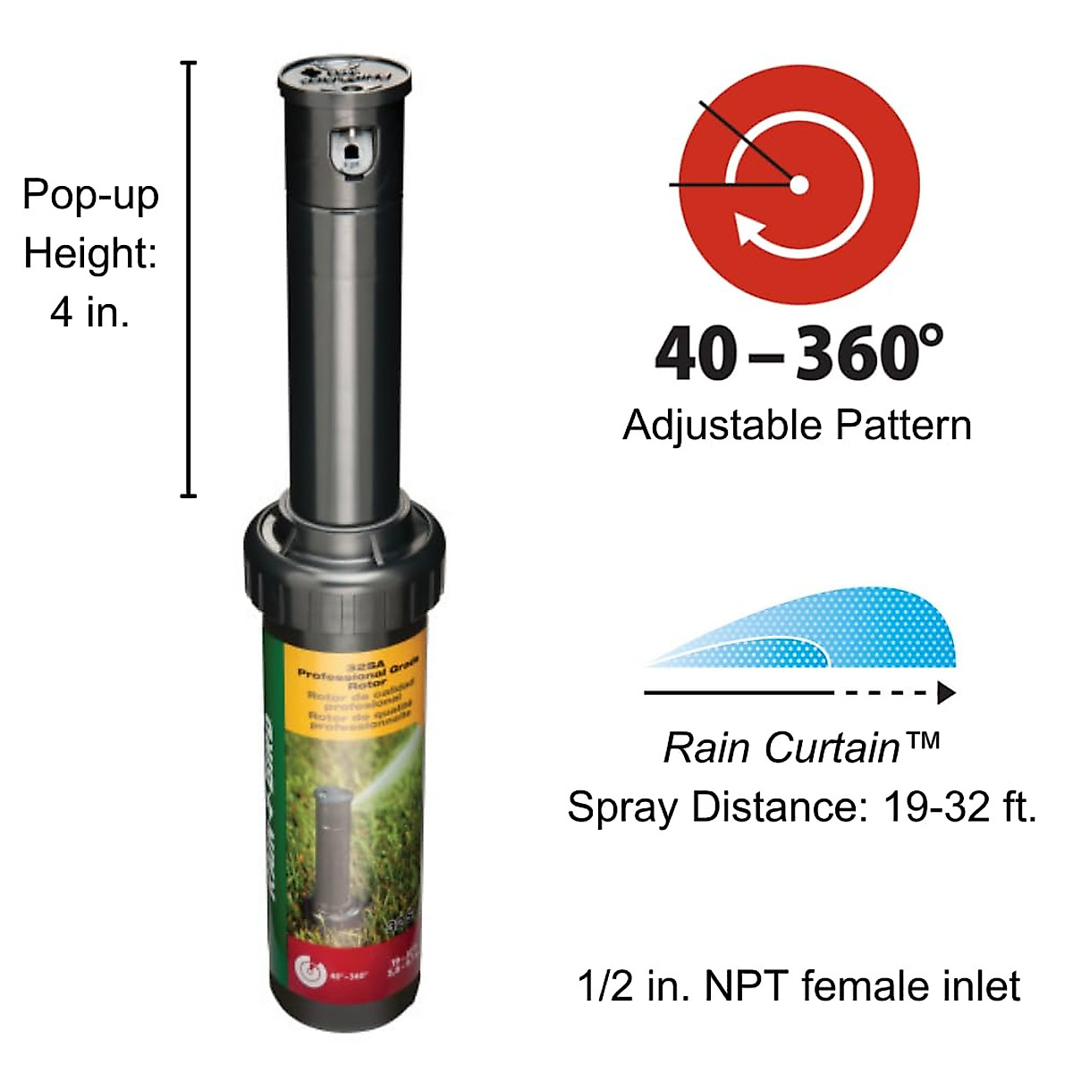 Rain Bird 32SA Simple Adjust Gear Drive Rotor, 40° - 360° Pattern, 19' - 32' Spray Distance
