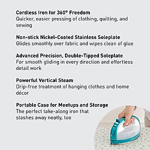 Panasonic Cordless Iron, Portable 360-Degree Freestyle Dry/Steam Iron with Precision Tips and Stainless Steel Soleplate, Anti-Calc and Anti-Drip, Power Base and Carrying/Storage - NI-QL1000G (Teal)
