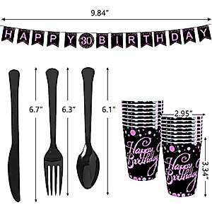Rainmae 30th Pink Gold Birthday Party Supplies Tableware Set-16 Guests Include Plates Cups Napkins Knives Spoons Forks Table Cloth Banner for 30 Years Old Party Decoration Birthday Wedding Anniversary