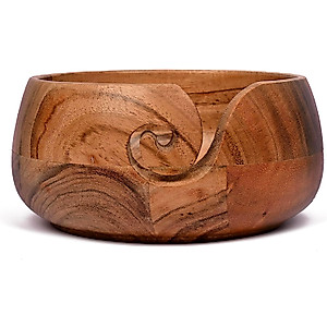 Samhita Acacia Wood Wooden Yarn Bowl for Crocheting & Knitting Hand Made by Indian Artisans Birthday Gifts for Mom & Knitting Lovers (6" x 6" x 3")