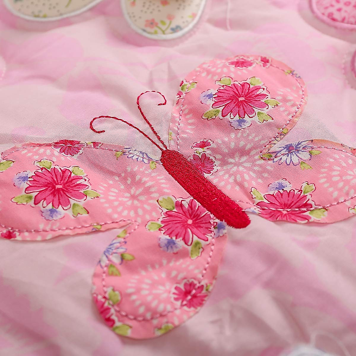 CribMATE 3 PCs Pink Embroidery Butterfly Nursery Crib Bedding Set Lace Trimmed Floral Butterfly Baby Girl Bedding Set Comforter Fitted Sheet Skirt Set
