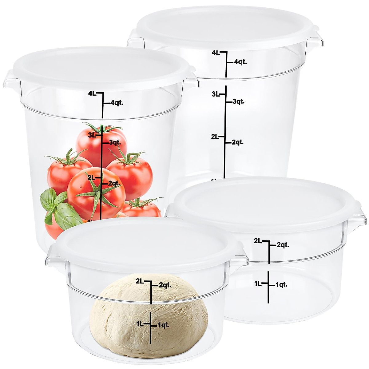 Milkary 4Pcs Food Storage Container with Lids, Clear Round Dough Proofing Container, Commercial Containers with Scales and Handles for Bread Dough Rise Fridge Kitchen Organization 2 Qt 4 Qt (White)