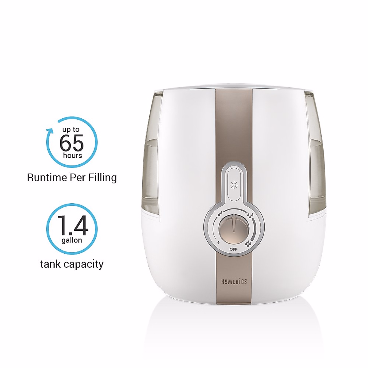 Homedics Ultrasonic Humidifier – Cool Mist Humidifier for Large Rooms with Clean Tank Technology – 1.4 Gallon Portable Air Humidifier for Bedroom or Nursery, 65 Hours of Runtime, White