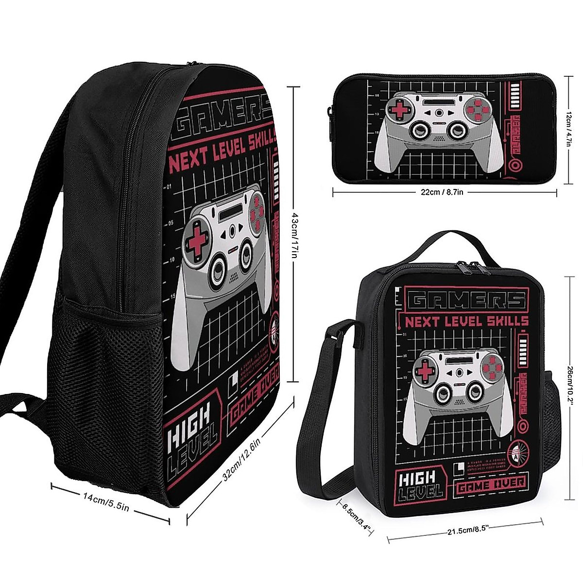 NAWFIVE Joystick Player Backpack with Lunch Box And Pencil Case Set Gamepad Controller Travel Daypack Bookbag for Men Women Laptop Backpack 3pcs