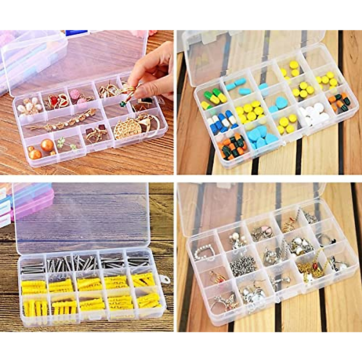 Yansanido 4 Pcs 15 Grids Clear 6.85 Inch x 3.85 Inch Adjustable Small Removable Clear Plastic Jewelry Organizer Divider Storage Box Jewelry Earring Tool Containers (4 Pcs Clear)
