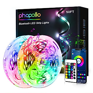 phopollo LED Strip Lights, 50ft (2Rolls of 25ft ) Bluetooth LED Lights for Bedroom, Smart APP Control, Music Sync LED Light Strip, Color Changing with Remote, Flexible Room Lighting Home Decor.