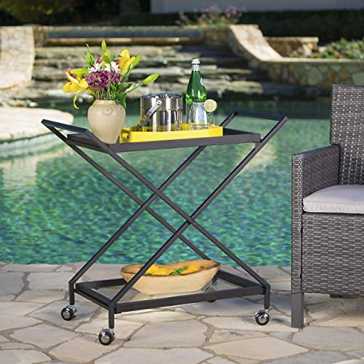 Christopher Knight Home Annika Outdoor Bar Cart with Tempered Glass Shelves, Black Powder Coated Iron
