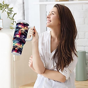 Jihqo Neon Muscle Cars 40 oz Stainless Steel Vacuum Insulated Tumbler with Handle and Straw Lid, Leakproof Water Bottle Double Wall Travel Mug Coffee Cup, Cupholder Friendly