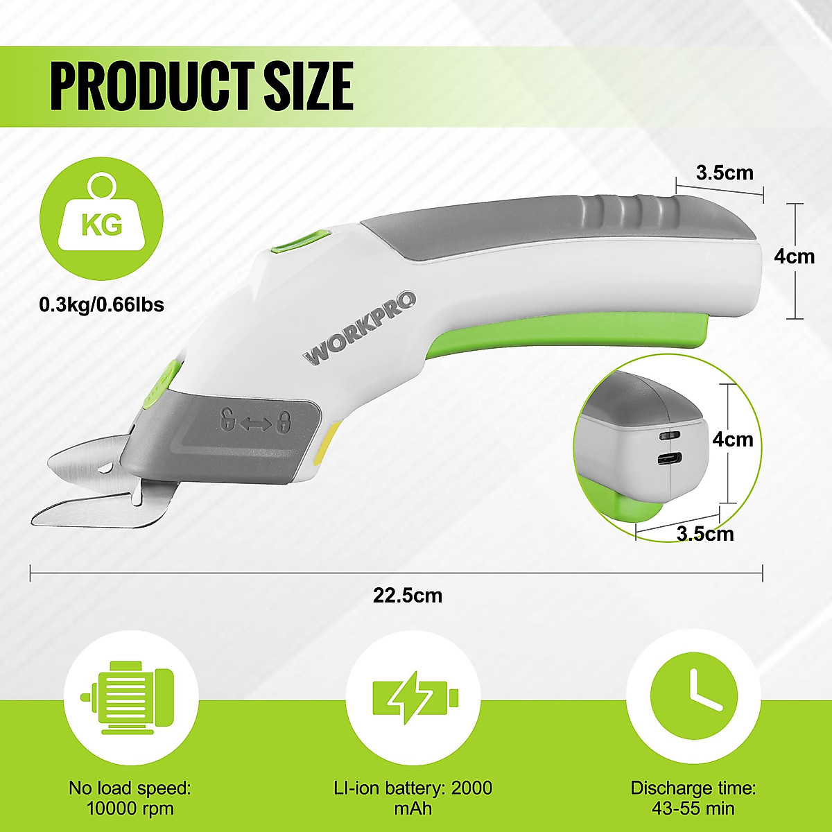 WORKPRO Cordless Electric Scissors with 2 Blades, 4V Rechargeable Powerful Shears Cutting Tool for Fabric, Leather, Carpet and Cardboard, Power Shears for Sewing, Scrapbooking, Crafting