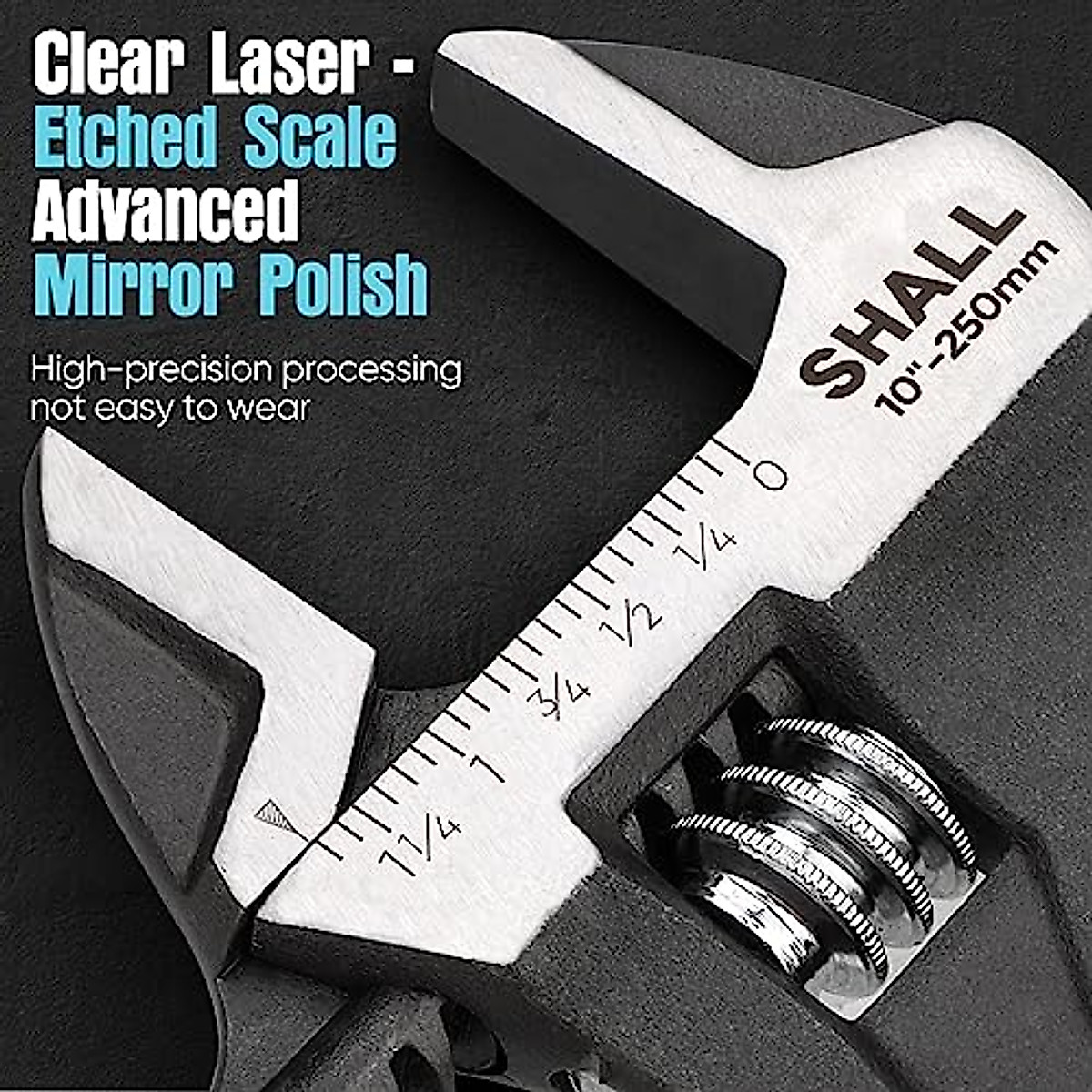 SHALL 3-Piece Adjustable Wrench Set, 10/8/6 Inch Cr-V Steel Wrench with Cushion Grip, Wide Jaw Black Oxide Wrench with Laser-etched SAE Scales for Home, Garage, Workshop and DIY