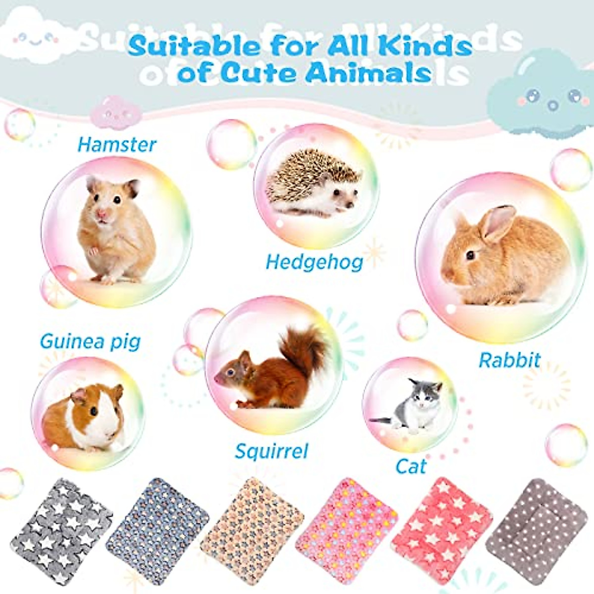 Yulejo 6 Pieces Guinea Pig Bed Plush Hamster Mat Bunny Bed Small Animal Sleeping Bedding Pads with Cleaning Dustpan Brush for Chinchilla Squirrel Hedgehog Small Animals (Cute Color, Star)