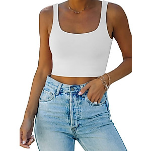 REORIA Women's Summer Sexy Basic Sleeveless Square Neck Fitted Seamless Yoga Cropped Tank Cute Crop Tops White Medium