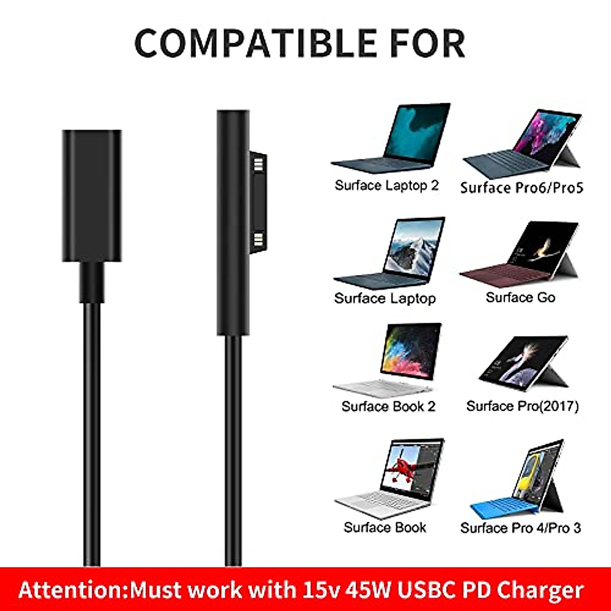 BOLS Type-c Female to Microsoft Surface Magnetic PD 45W 15V/3A Fast Charging Cable Compatible with Surface Pro 3/4/5/6 Surface GO Surface Book 1/2 Surface Laptop1/2