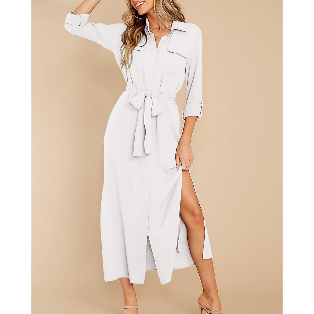 Fekermia Women's Button Down Maxi Shirts Dress- Casual Roll Up Long Sleeve Shirt Dress Slits Dresses White XX-Large