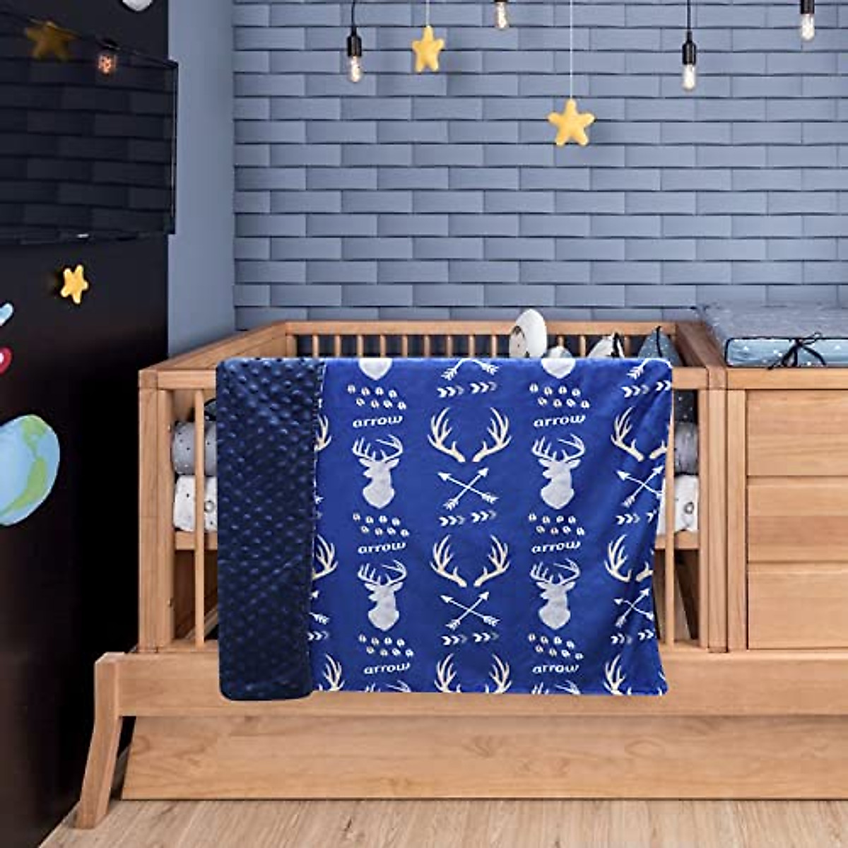 GFU Baby Blanket for Boys and Girls, Soft Minky Infant Receiving Blanket with Dotted Backing Double Layer, Newborn Toddler Bed Blanket with Antler Arrow Printed, Navy Blue, 30 x 40 Inch