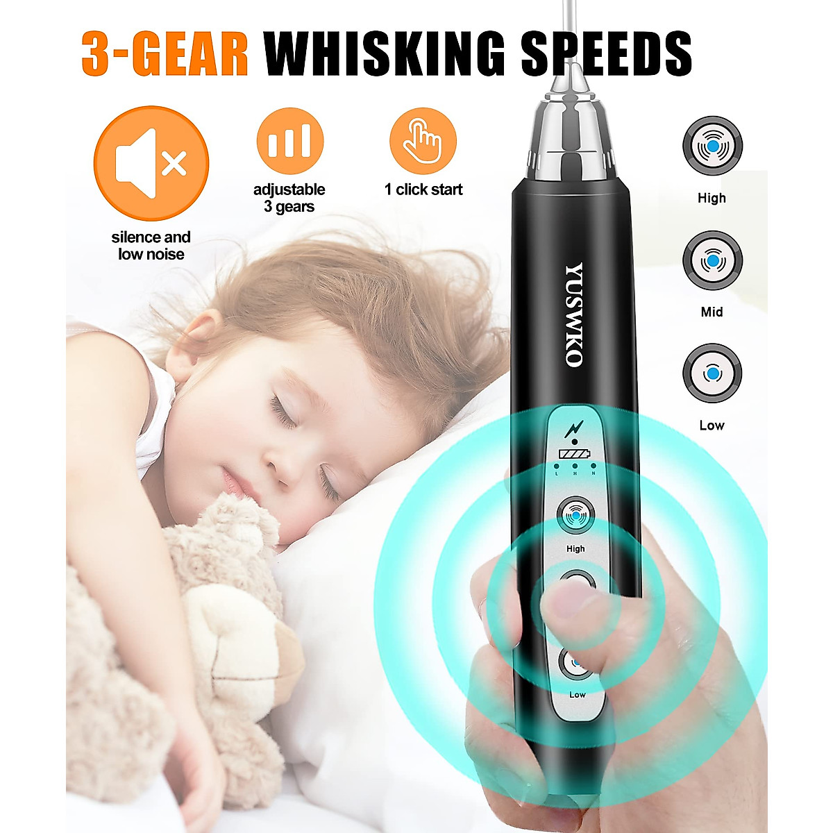 YUSWKO Rechargeable Milk Frother for Coffee with Stand, Handheld Drink Mixer with 3 Heads 3 Speeds Electric Stirrers for Latte, Cappuccino, Hot Chocolate, Egg - Black