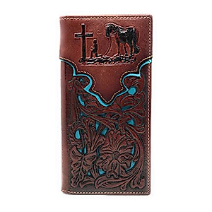 Western Genuine Leather Praying Cowboy Tooled Laser Cut Men's Long Bifold Wallet in 10 colors (Brown/Turquoise)