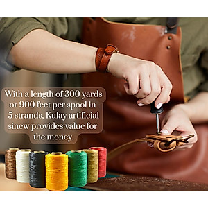 Kulay Artificial Deer Sinew Natural Waxed Flat Polyester Thread for Beading, Leather, Tie-dye Crafts and Sewing, Natural Sinue (5-Ply, 300 Yards or 900 Feet)