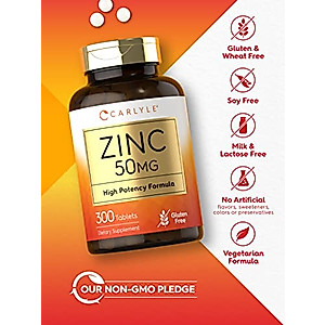 Zinc 50mg | 300 Tablets | Vegetarian, Non-GMO, and Gluten Free Supplement | Zinc Gluconate | High Potency Formula | by Carlyle