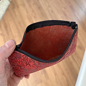 Leather 6 Inch Zipper Pouch, Wallet, Coin Purse, Hand Made in the USA by Oberon Design, Red Roses