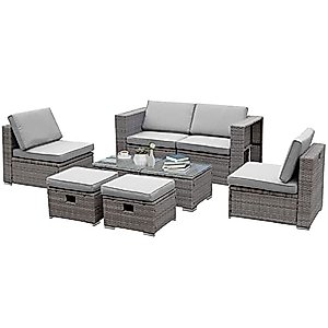 Outdoor Furniture Patio Furniture Set, 8 Pieces Wicker Rattan Conversation Sectional Sofa Couch with Comfortable Cushions for Garden Backyard Deck,Grey Wicker Denim Blue (Grey Wicker Grey Cushion)