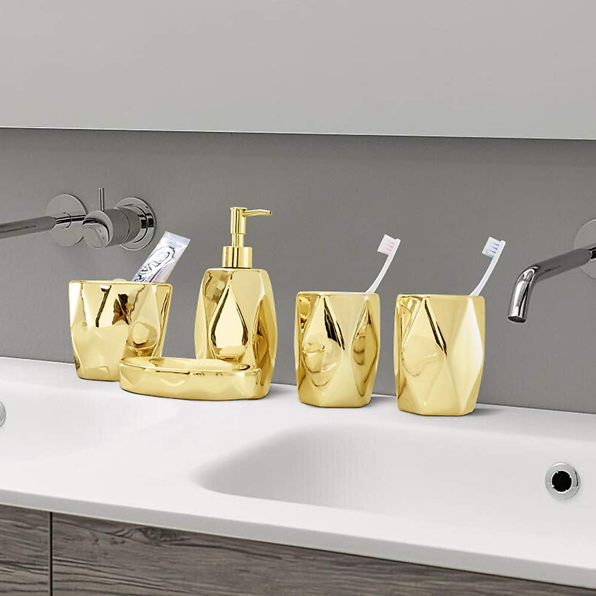 WYZQQ Luxury Gold Ceramic Bathroom Accessory Set, Bathroom Decor Including Soap Dispenser, Toothbrush Holder, Cup, Soap Dish, Tray - Creative Home Gift