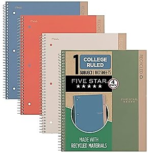 Five Star Spiral Notebooks + Study App, Recycled Cover, 4 Pack, 1 Subject, College Ruled Paper, 8-1/2” x 11", 100 Sheets per Notebook, Zion Clay, Olympic Green, Glacier Blue, Smoky Gray(820046)