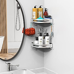 2 Pack Corner Shower Caddy,Waterproof Shower Shelf ,Bathroom Shower Organizer,No Drilling Shower Shelves , Thickened Anti-Rust Space Aluminum Shower Caddy, Shower Organizer with 4 Hooks (Silver)