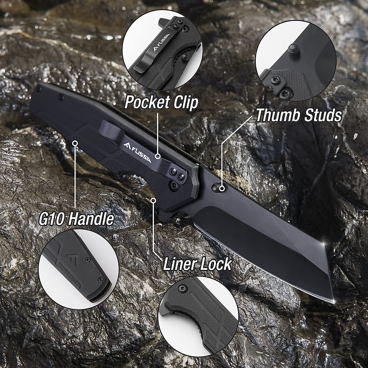 FLISSA Pocket Knife, 3.5" Pocket Folding Knife, 2-3/4" D2 Steel Blade