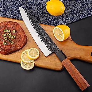 FAMCÜTE 8 Inch Japanese Gyuto Chef Knife, Hand Forged Kitchen Japanese Chef Knife, Rosewood Handle 3 Layer 9CR18MOV High Carbon Steel Blade Japanes Sushi Knife