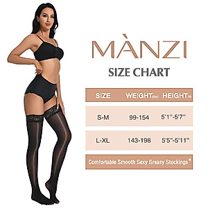 MANZI Shiny Thigh High Stockings Sexy Lace Top Stay Up Silky Sheer Stocking Shimmery Tights for Women 2 Pairs Pack(Black,S-M)