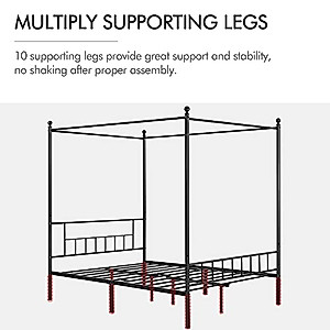 Yaheetech Metal Canopy Platform Bed Frame Four-Poster Canopied Bed Mattress Foundation with Headboard and Footboard Sturdy Slatted Structure No Box Spring Needed Easy Assembly Queen Black