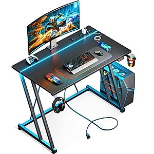 MOTPK Small Gaming Desk with LED Lights & Power Outlet, Computer Desk 31.5inch for Small Space, Cheap Gaming Table with Carbon Fiber Texture, Kids Desk Gift for Boys Men, Black
