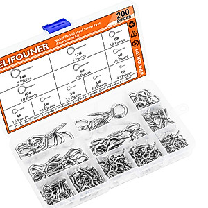 HELIFOUNER 200 Pieces 11 Sizes Nickel Plated Steel Screw Eyes Assortment Kit